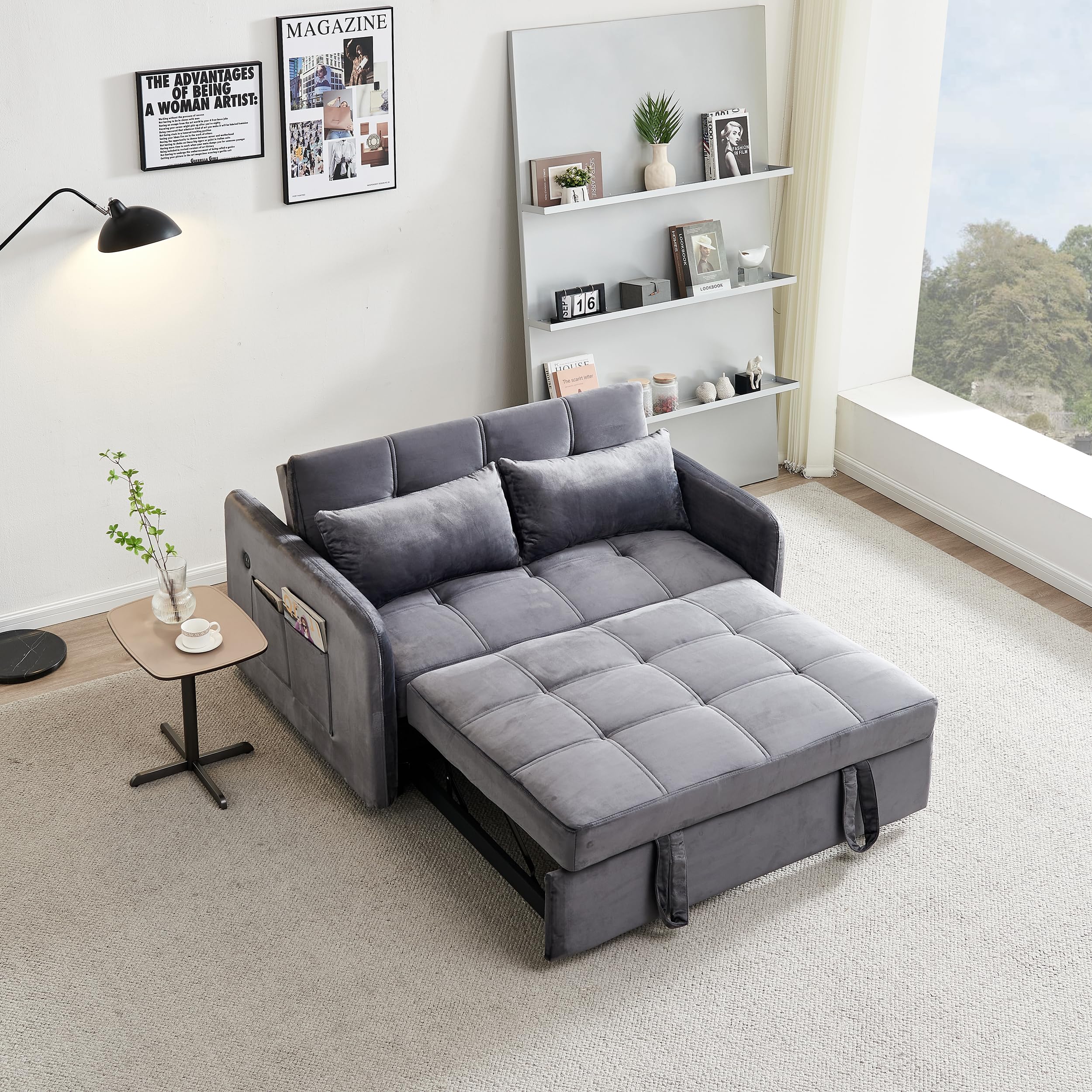 N NOORDENIYA 4-in-1 Pull Out Sleeper Sofa Bed with USB Port,55" Loveseat Velvet Sofa Reclining Backrest Convertible Sleep Couch Bed 3 Adjustable Positions Backrest &2 Side Pockets（Grey,USB ）