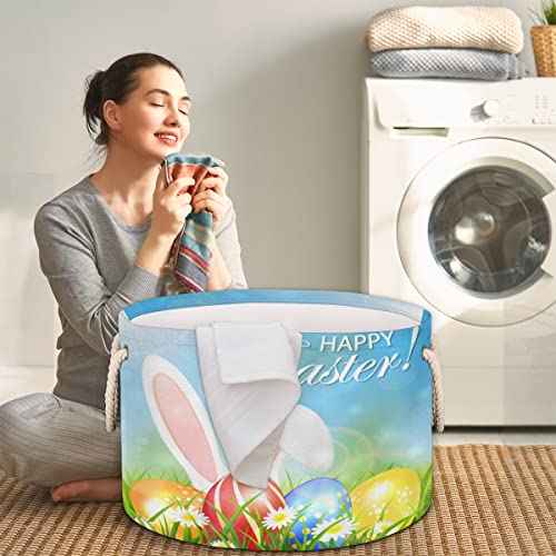 Happy Easter Eggs And Rabbit Large Round Baskets for Storage Laundry Baskets with Handles Blanket Storage Basket for Bathroom Shelves Bins for Organizing Nursery Hamper Girl Boy