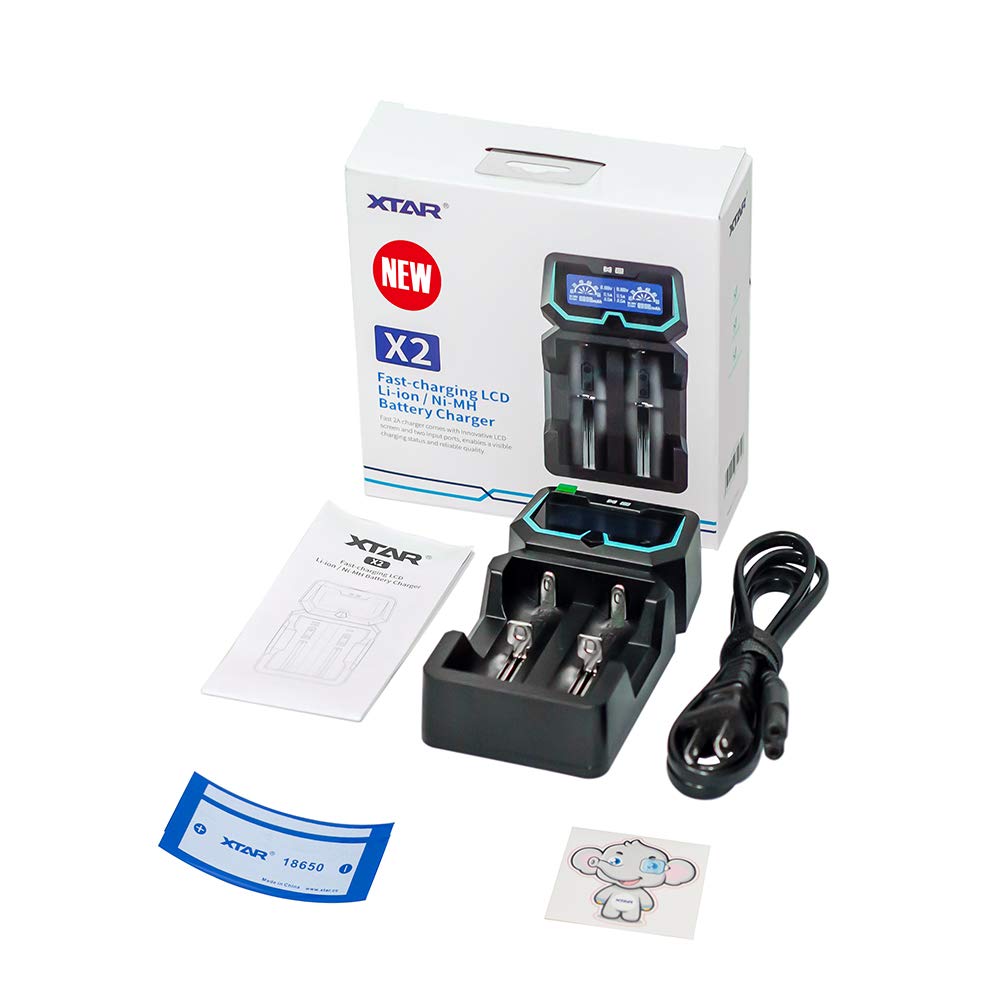 XTAR New X2 Extended Version 18650 Charger Protected 21700 18650 Battery and Charger Max 2A Charging Current w LCD Display 3.7V Battery Charger for 18350 26650 1.2V Ni-MH/ Ni-CD AC and Mirco USB Ports