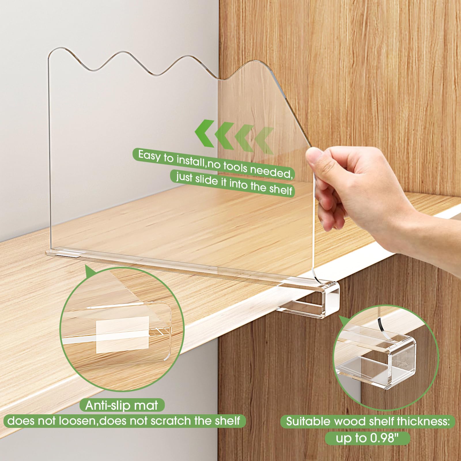 SPACEKEEPER Shelf Dividers for Closet Organization, Clear Closet Shelf Divider for Clothes Purses Separators, Wood Shelves Organizer for Bedroom, Kitchen, Office, Cabinets, Bathroom, 12 Pack