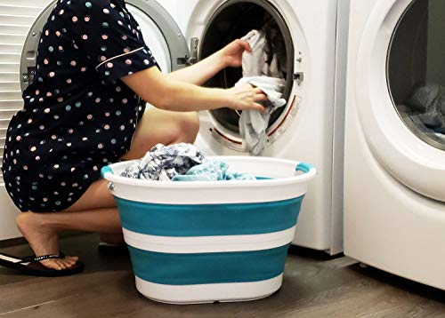 SAMMART 34L(8.98 gallon) Collapsible Plastic Laundry Basket-Oval Tub/Basket-Foldable Storage Container/Organizer-Portable Washing Tub-Space Saving,Water capacity 29L (7.66 gallon) (1, Bright Blue)