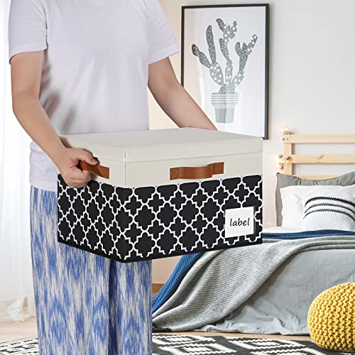 PFFVRP Large Storage Bins with Lids, Foldable Fabric Storage Baskets with Lids, Sturdy Storage Boxes with Labels and 3 PU Handles for Closet Home Bedroom Office (26L, 3 Packs, Black Plaid&White)
