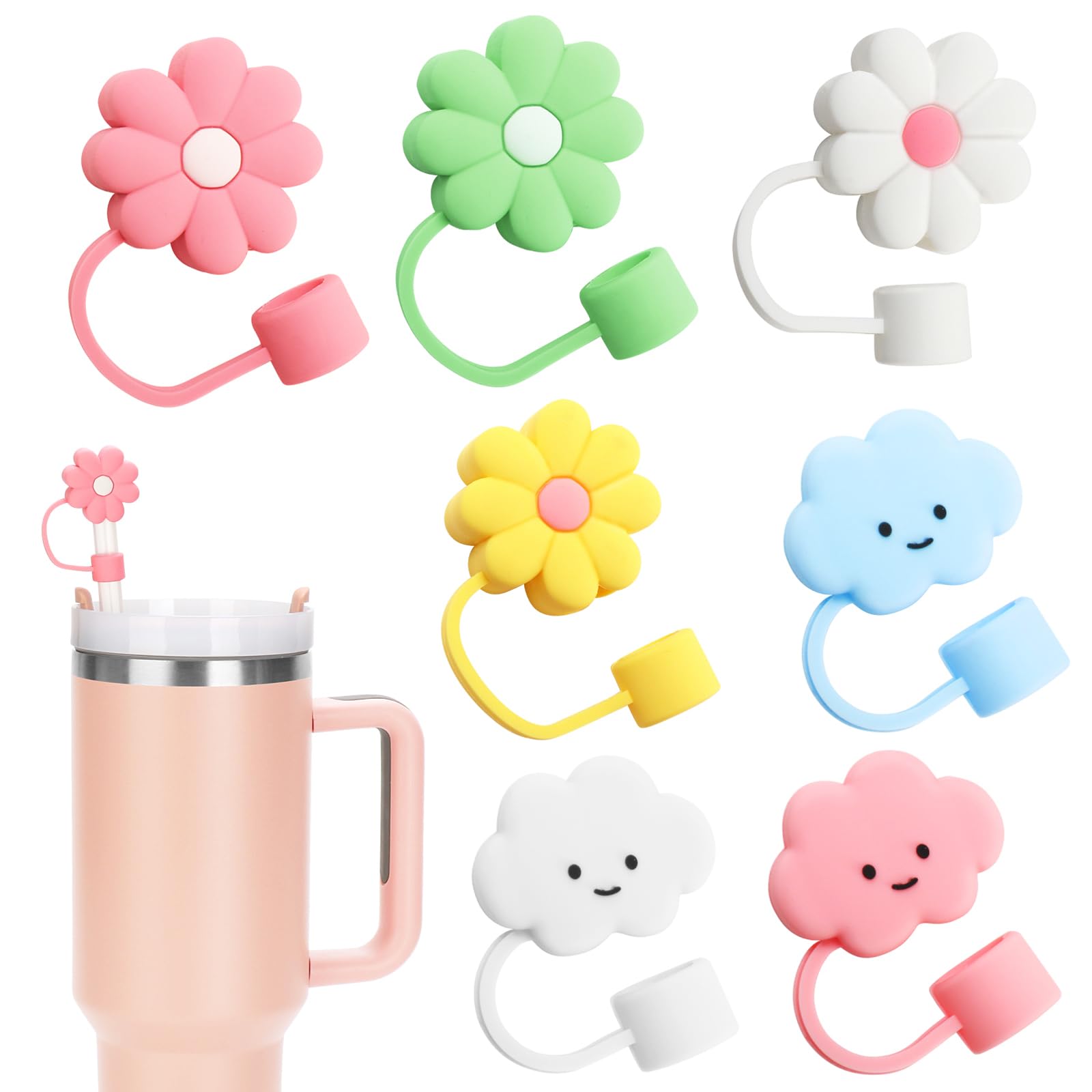 7PCS Straw Cover for Stanley 40&30 Oz Cup, 10mm Silicone Straw Covers Cap for Stanley Cup Accessories, Cute Cloud Flower Straw Topper for Tumblers, Straw Cap Stopper for Reusable Straws Tip Lids