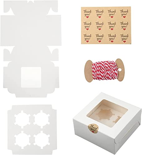 ST.LORIAN 30 Packs Bakery Cupcake Boxes with Window and Inserts 4 Holders,Twine and Stickers,6x6x3 Inch Food Grade Cookie Boxes for Muffins,Small Cakes,Cupcakes(30 Pack, White)