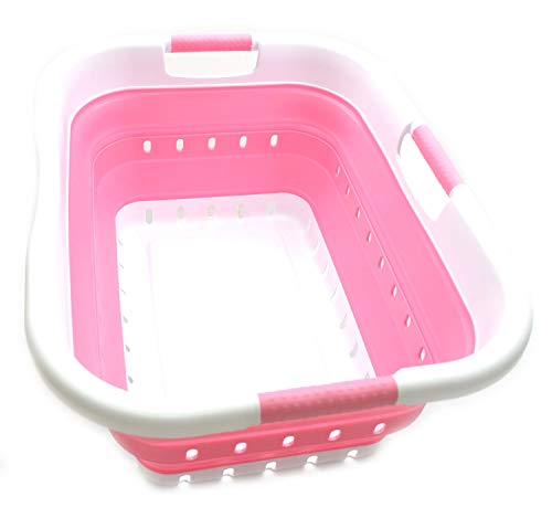 SAMMART 41L Collapsible 3 Handled Plastic Laundry Basket - Foldable Pop Up Storage Container/Organizer - Portable Washing Tub - Space Saving Hamper/Basket (3 handled rectangular, White/Pink)