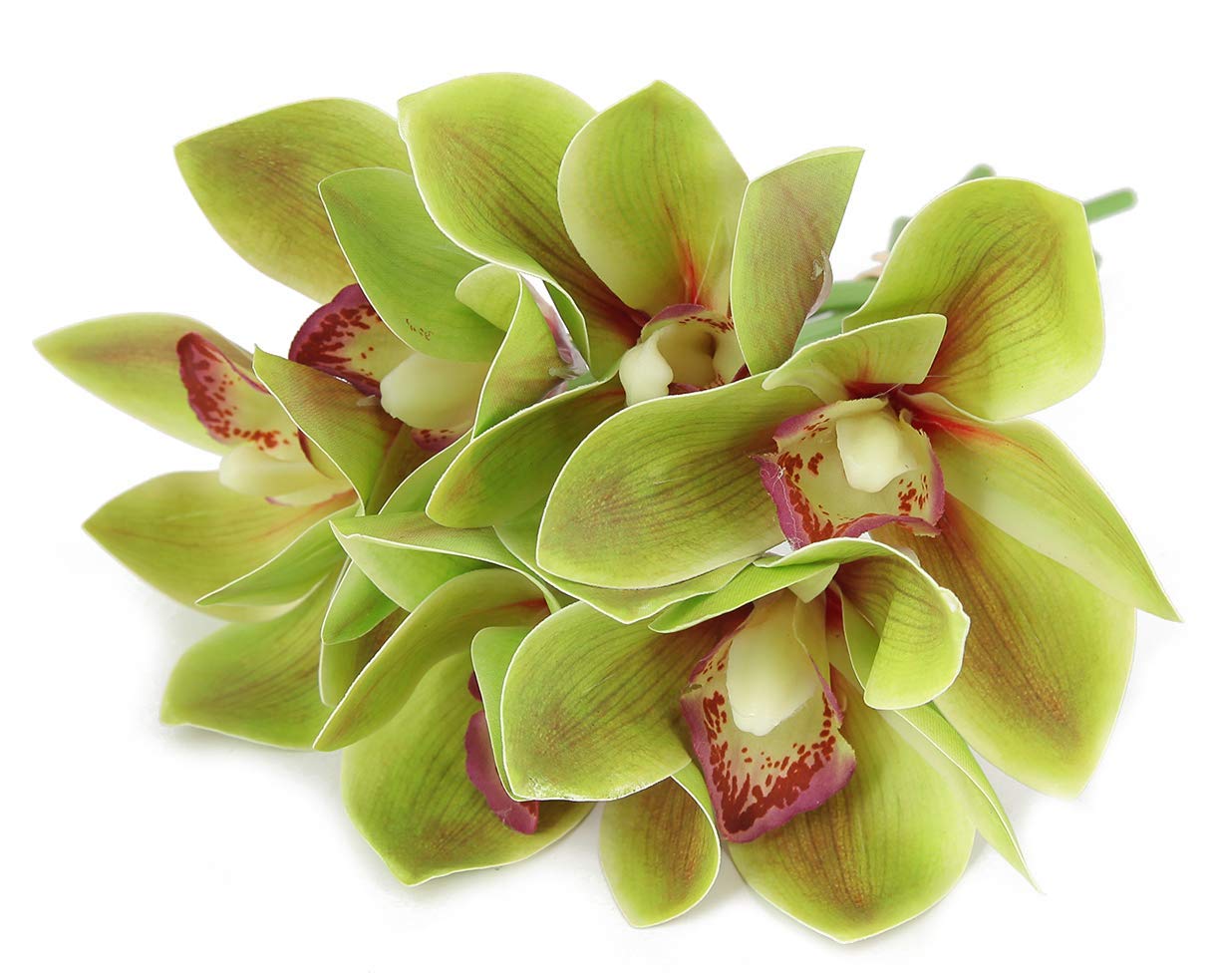 Blooming Paradise 12pcs Real Touch Artificial Fake Plants Silk Cymbidium Orchid Flowers Arrangements Wedding Bouquets Decorations Plastic Floral Table Centerpieces Home Kitchen Garden Party White