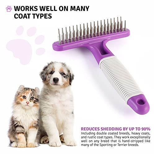 Poodle Pet Dog Grooming Rake| Dematting Tool with Stainless Steel Shedding Comb for Pets | 2 Rows of Pins Gently Remove Loose or Tangled Hair from Undercoat | Purple Handle