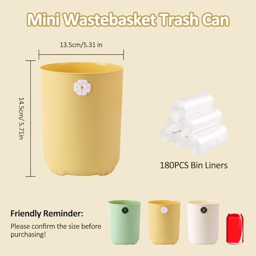 SHAIDOJIO 3 Pack Mini Desktop Trash Can Wastebasket with 180 Trash Bags, Small Desk Countertop Garbage Cans, Cute Tiny Waste Basket Storage Bin for Vanity, Bedroom, Bathroom, Kitchen, Office