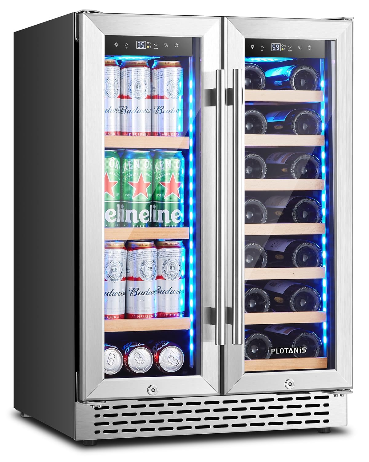 Plotanis 24 Inch Wine Fridge Dual Zone 20 Bottles 60 Cans Wine Refrigerator Built-in or Freestanding Wine Beverage Cooler with Glass Door, 3-Color Light, Safety Lock