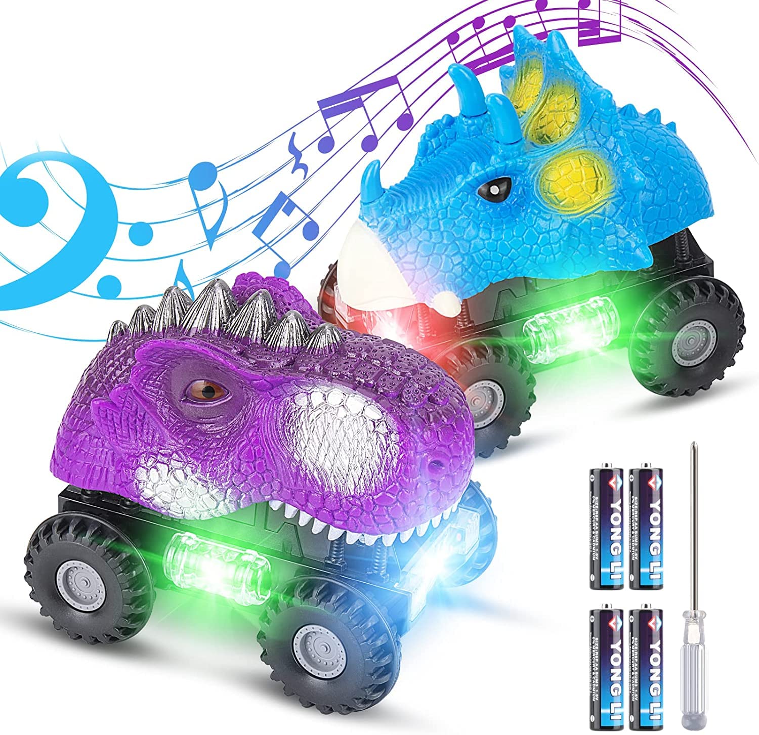 Dinosaur Cars, Dinosaur Toys for Kids 3-5 with LED Light & Sound, Dino Toddler Toys for 3+ Year Old Boys Girls Birthday Gifts , Automatically Change Direction Dinosaur Truck Toys (Orange & Green)