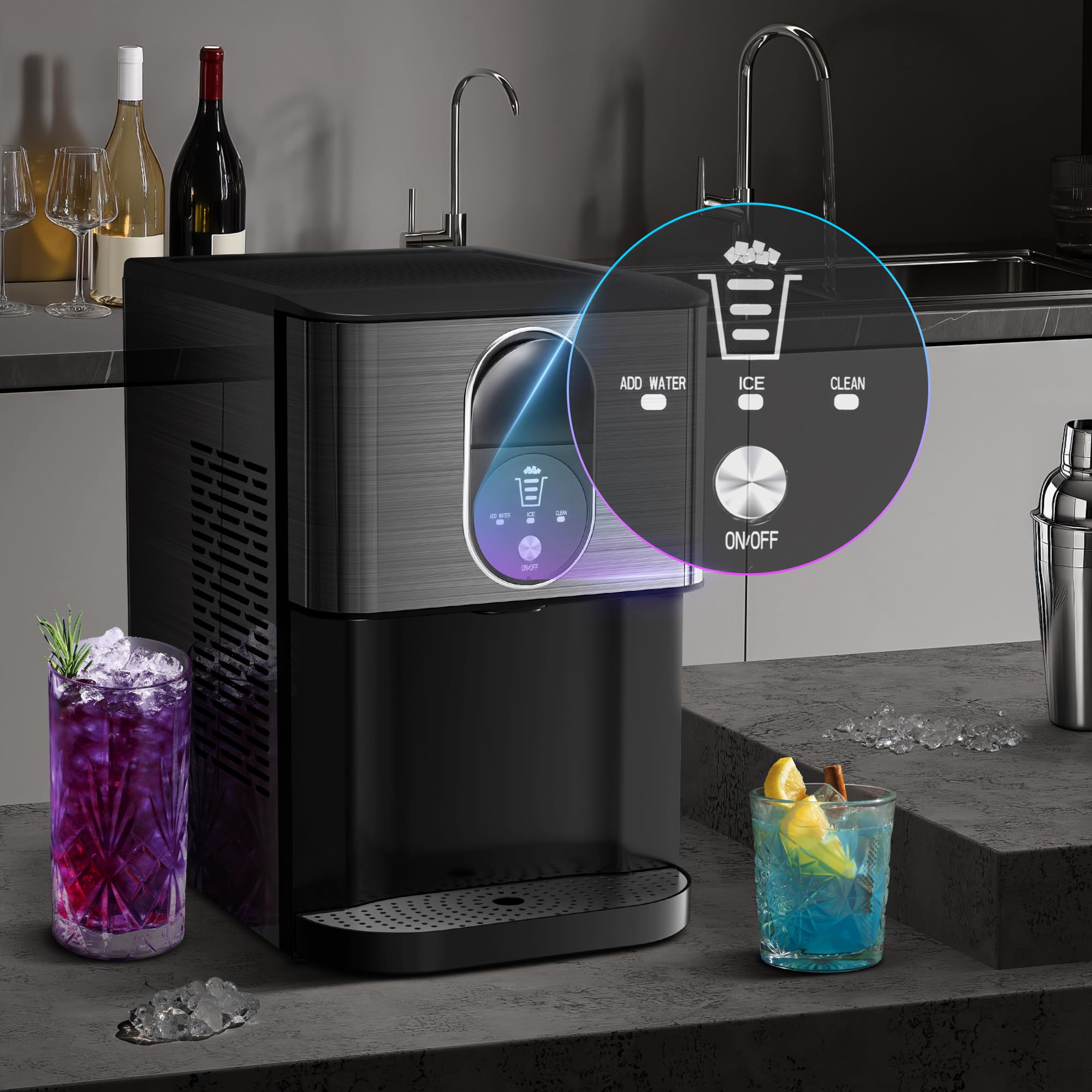 Nugget Ice Makers Countertop, Pebble Ice Maker Machine with Self-Cleaning, 50lbs/24H, Stainless Steel Housing, Pellet Ice Maker with 2.5qt Water Reservoir, Crushed Ice Maker for Home & Kitchen(Black)