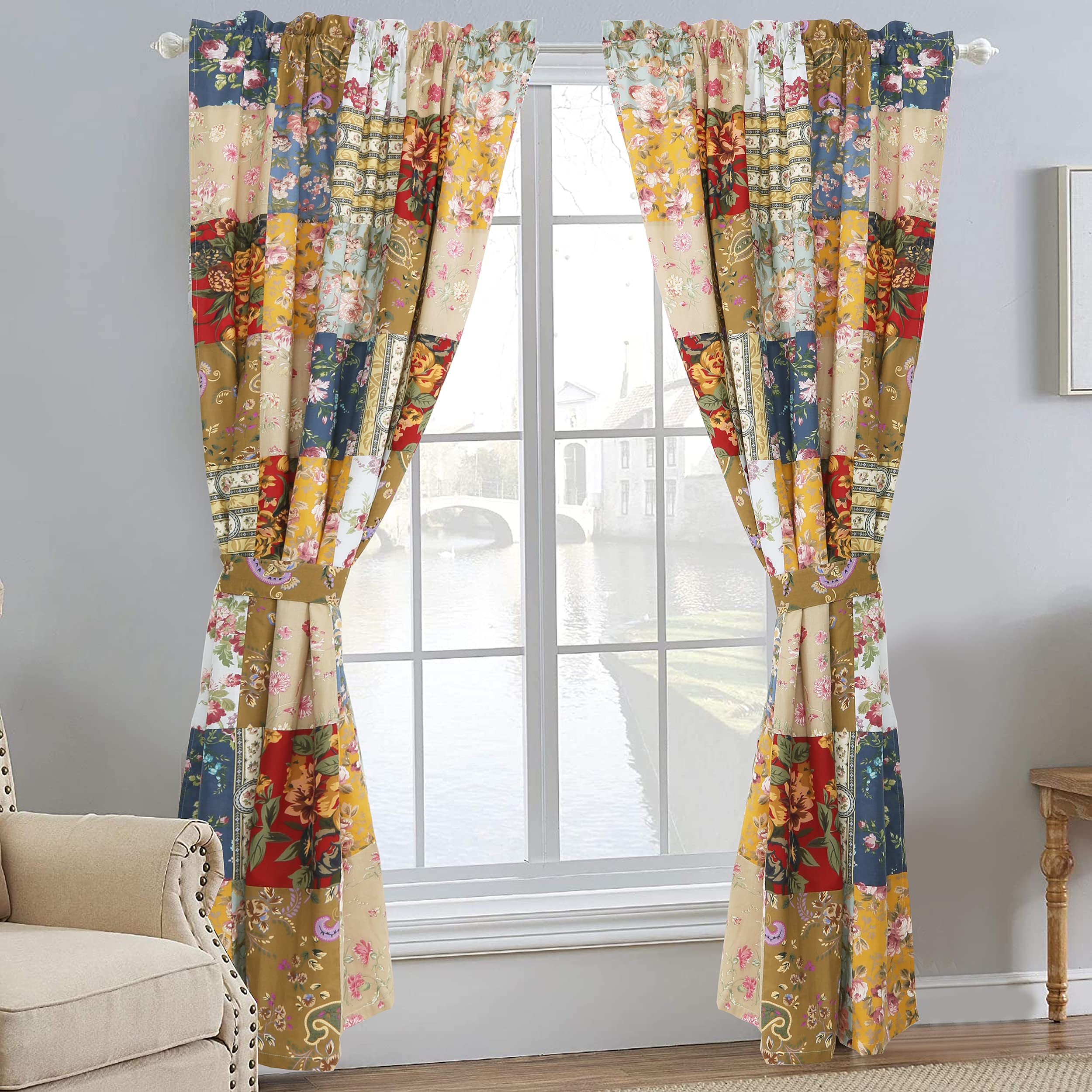 Cozy Line Home Fashions Ryleigh Country Garden Fall Flowers Paisley Plaid Patchwork Window Curtains with Tie Backs Set, 84" x 52", 2 Panels