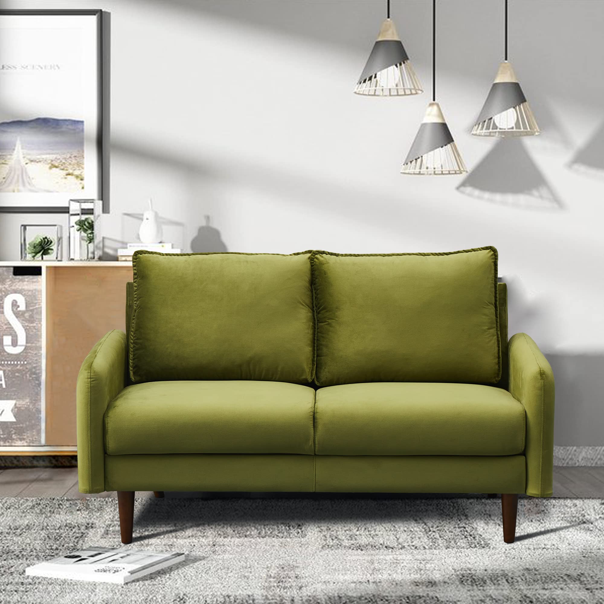 INSTORY Velvet Loveseat Mid-Century Modern Sofa Tufted Couch with Wooden Legs for Living Room - Army Green