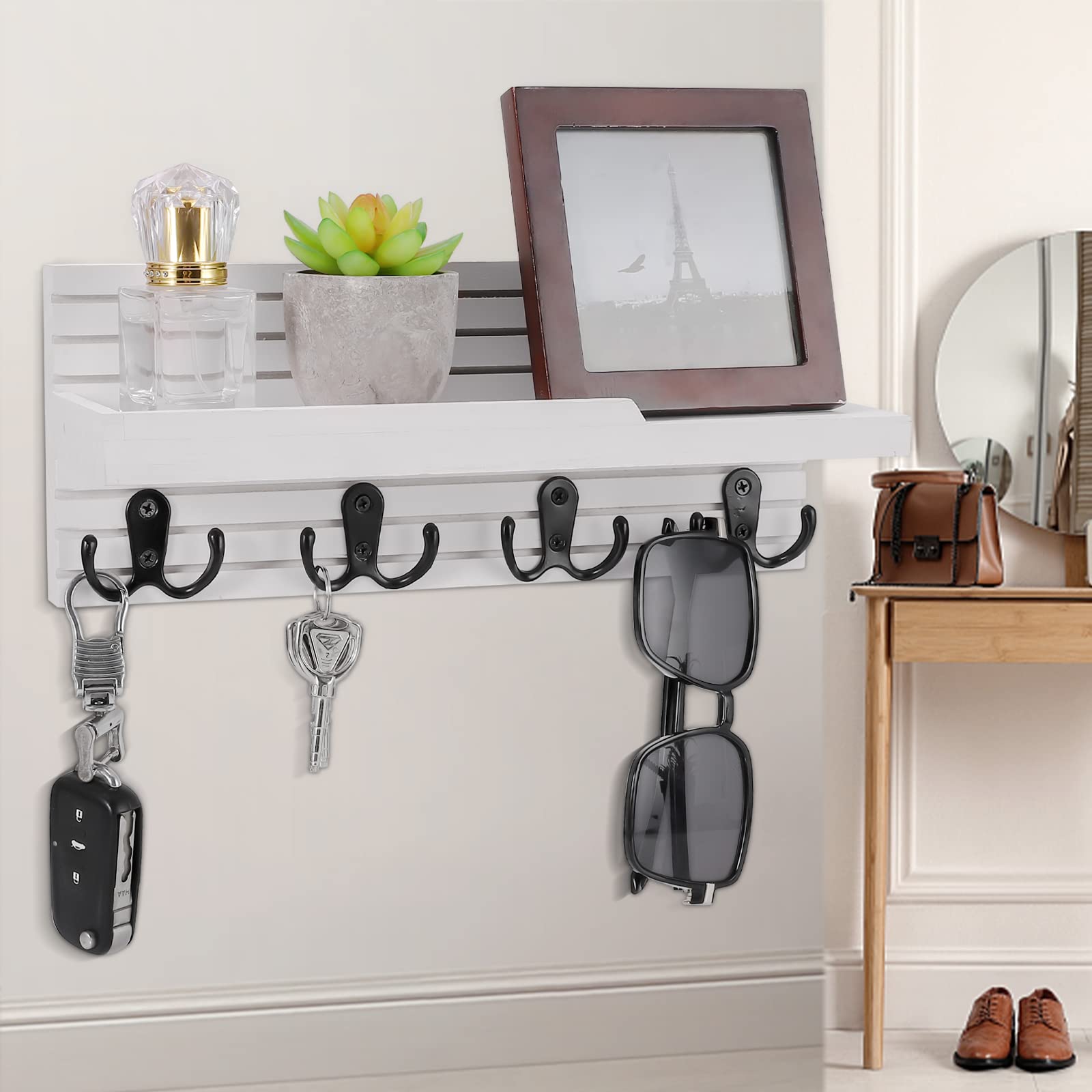 WeBravery Decorative Key Hanging Rack with 4 Double Hooks β Easy Install Natural Wooden Key and Mail Holder for Wall Mount β Entryway Decor Rack with Shelf (White)