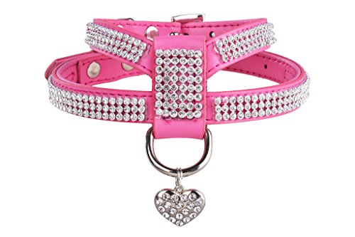 EXPAWLORER Dog Harness Genuine Leather Soft Padded Pet Sparkly Rhinestone Vest with Heart Pendant for Puppy Cat, Pink (S, Pink)