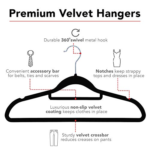 CRESNEL Non-Slip Velvet Clothes Hangers - Ultra Thin Space Saving Design for Men and Women Dress Suit - 50 pcs Set - Solid Black