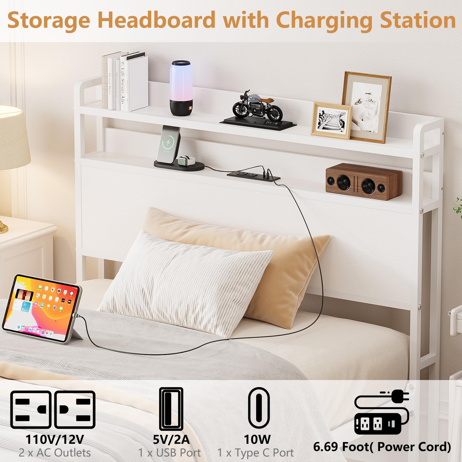 Elephance Twin Bed Frames with Charging Station and Storage Headboard, No Box Spring Needed, Noise Free, Easy Assembly