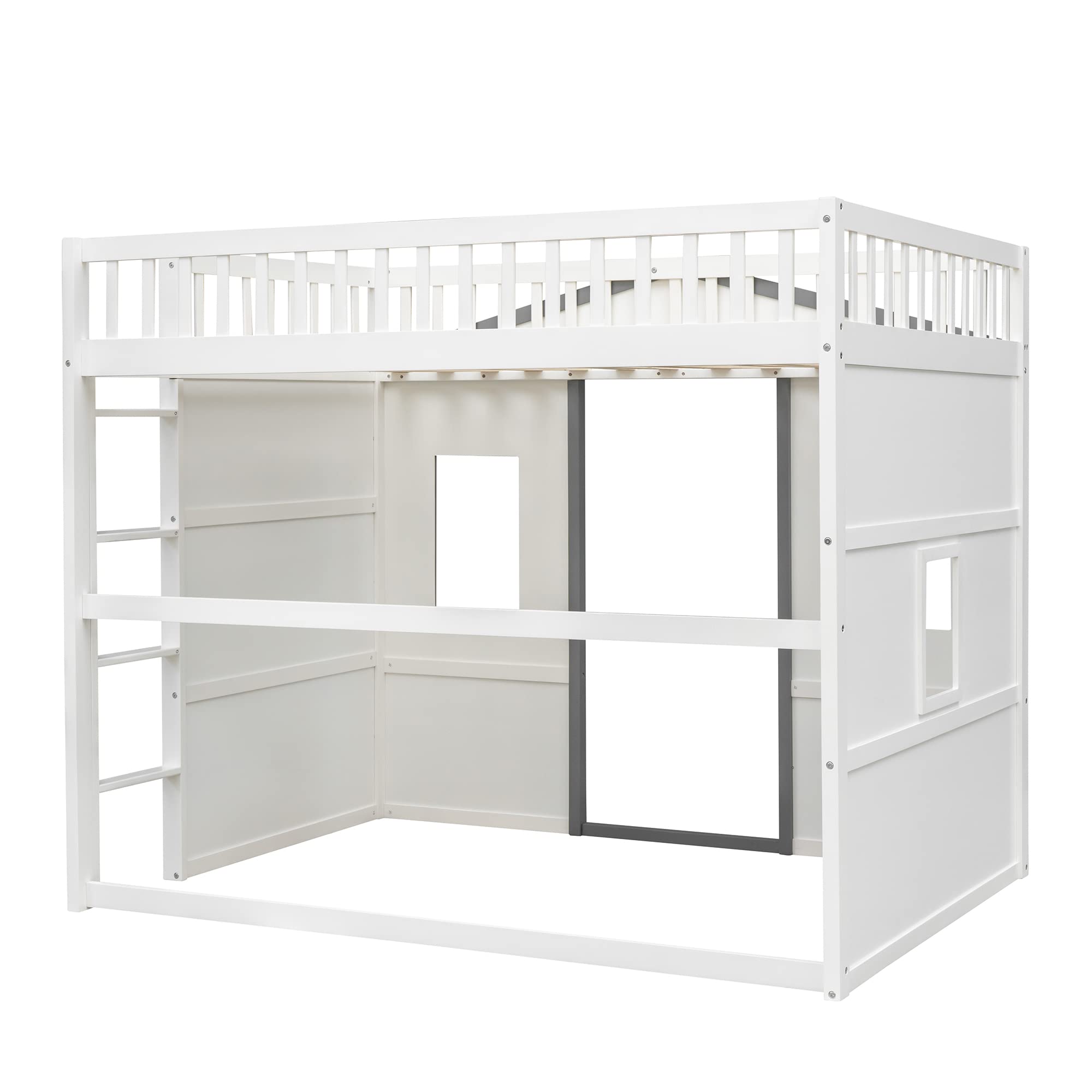 Full Size House Loft Beds Wood Loft Bed Frame with Window and Wall Fun Playhouse Bed with Ladder for Kids Boys Girls Teens, White with Gray