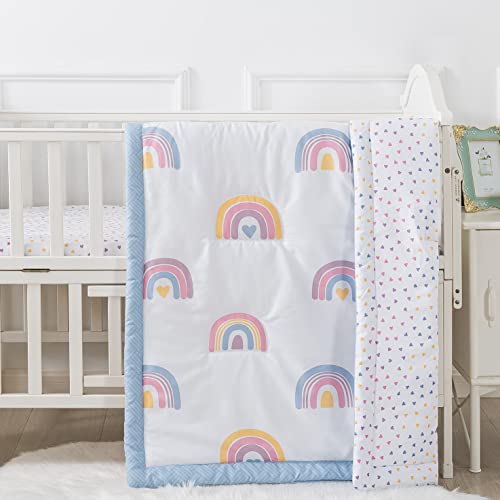 Hearts & Rainbow Crib Bedding Set - 3-Piece, Includes Quilt, Fitted Crib Sheet, and Changing Pad Cover - Rainbow Baby Crib Bedding, Farmhouse Nursery Décor, Baby Room Decorative Set for Girls