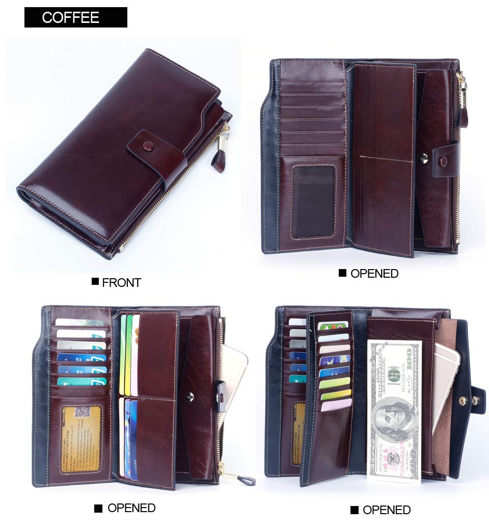 Behaniu Womens Multi Card slots Geniune Leather Wallet with Zipper Pocket Large Capacity RFID Blocking Credit Card Holder for Women (Coffee), Medium