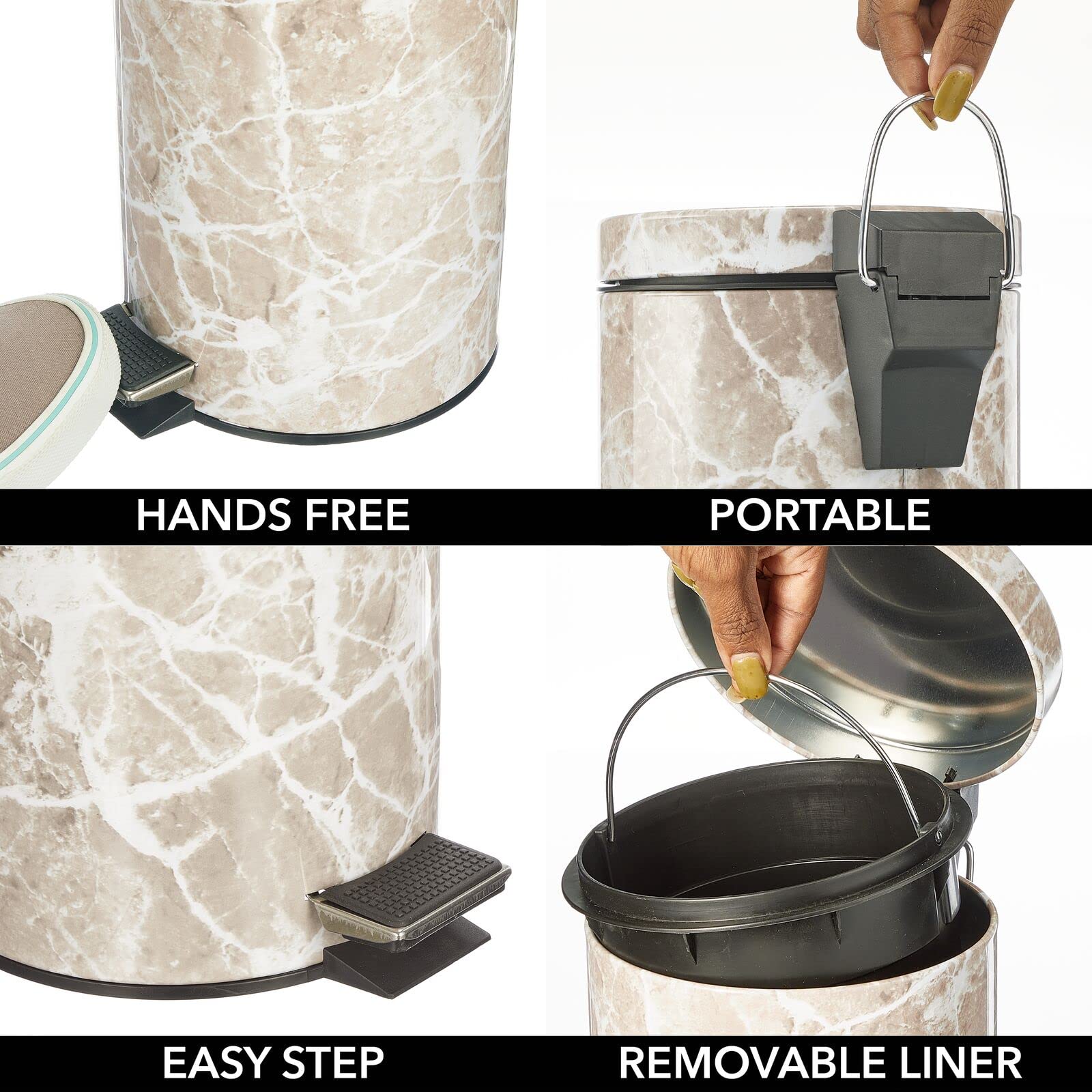 mDesign Small Modern 3-Liter / .7 Gallon Round Metal Lidded Step Trash Can, Compact Garbage Bin with Removable Liner Bucket and Handle for Bathroom, Kitchen, Office, Garage - Taupe Marble Print