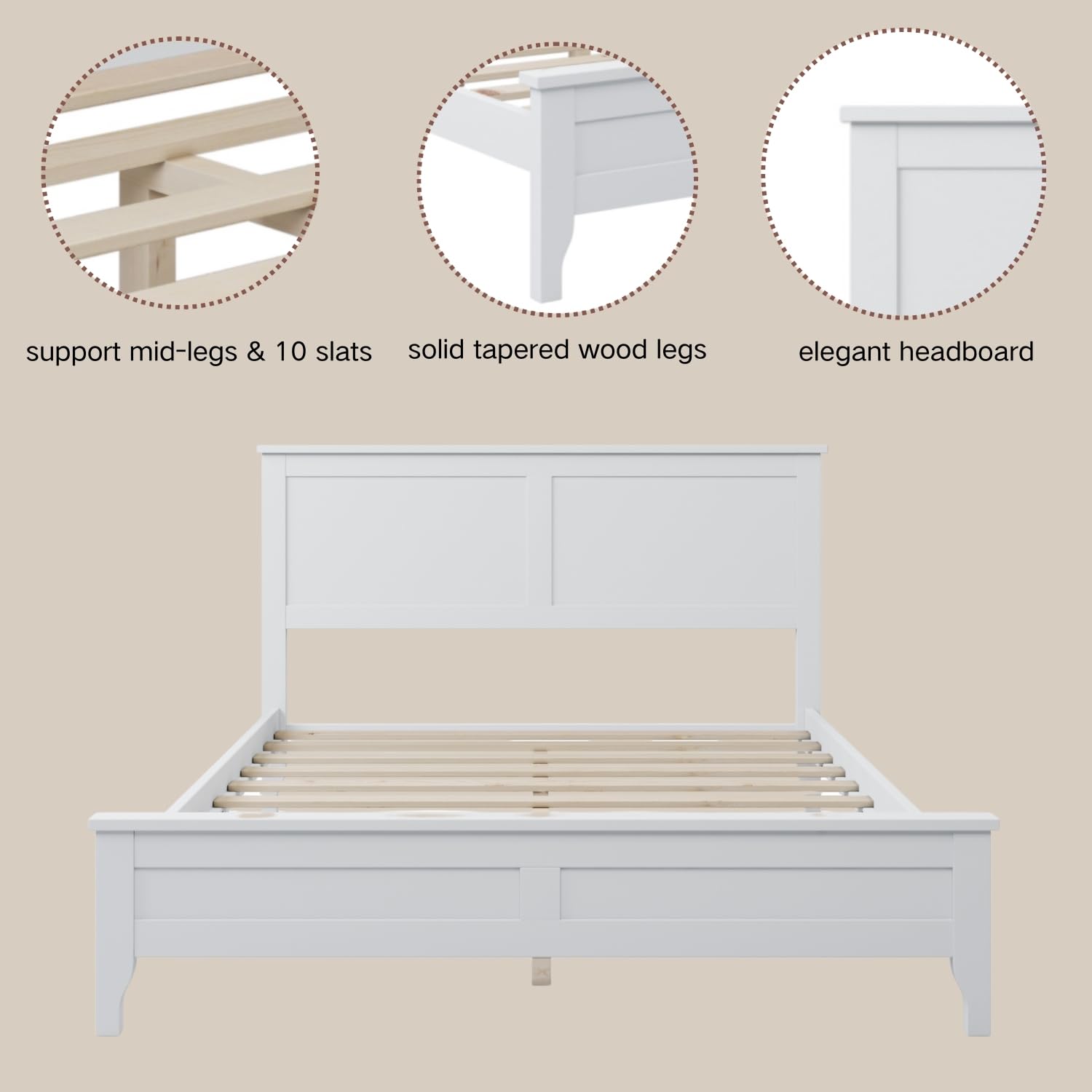 AOCOROE Solid Wood Full Bed Frame, Wooden Full Bed, Full Platform Bed with Headboard, Foot Board and Slats, No Box Spring Needed, White