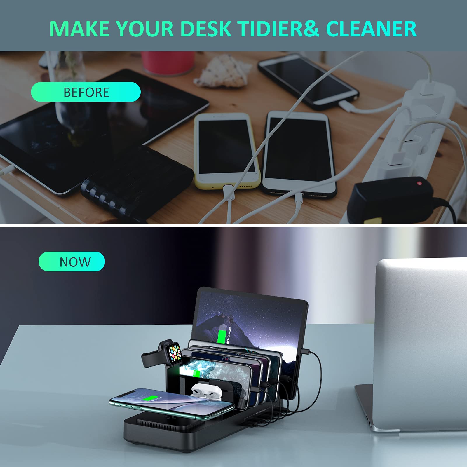 8 in 1 Wireless Charger Station for Multiple Devices, Charging Dock with AirPods iWatch Charger Stand, 10W Wireless Charger and 9 Short Mixed Cables for iPhone/iPad/Android/Tablets-Pitch Black