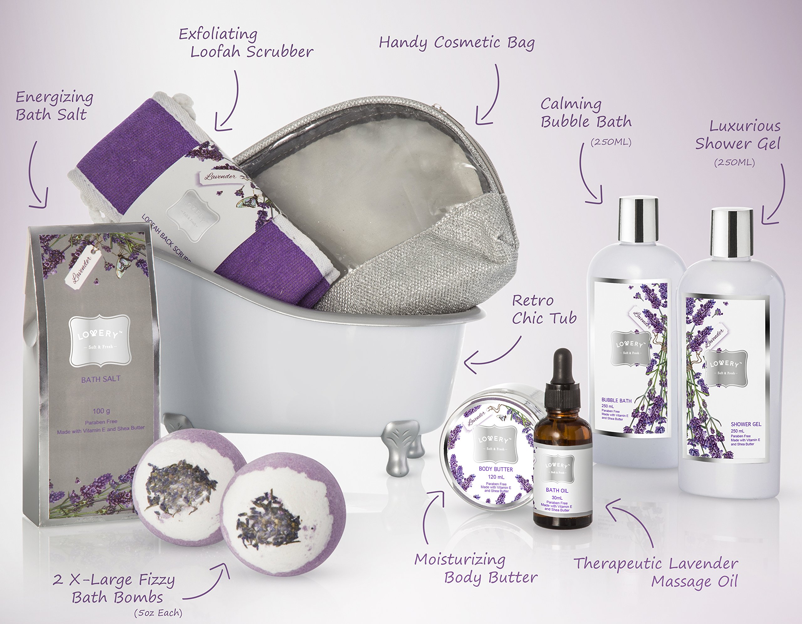Valentines Bath Gift Basket Set for Women: Relaxing at Home Spa Kit Scented - Lavender and Jasmine with Large Bath Bombs, Salts, Shower Gel, Body Butter Lotion, Bath Oil, Bubble Bath, Loofah & More