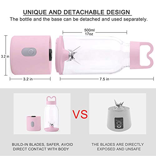 Portable Blender, Personal USB Mini Smoothie Blender, Electric Fruit Juicer Cup with Six Blades, 17oz Detachable Cup and 4000mAh Rechargeable Batteries, Small Travel bottles for shakes and smoothies (pink)