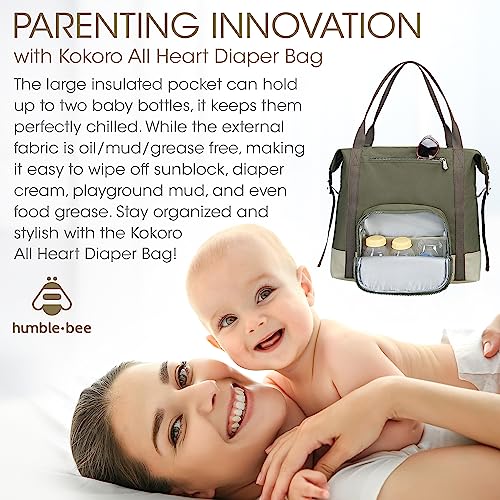 Humble Bee Kokoro All Heart Convertible Diaper Bag for Men & Women: Converts from Backpack to Tote, Spacious Compartments, Multiple Pockets, Removable Accessories & Stroller Strap Design (Olive Dusk)