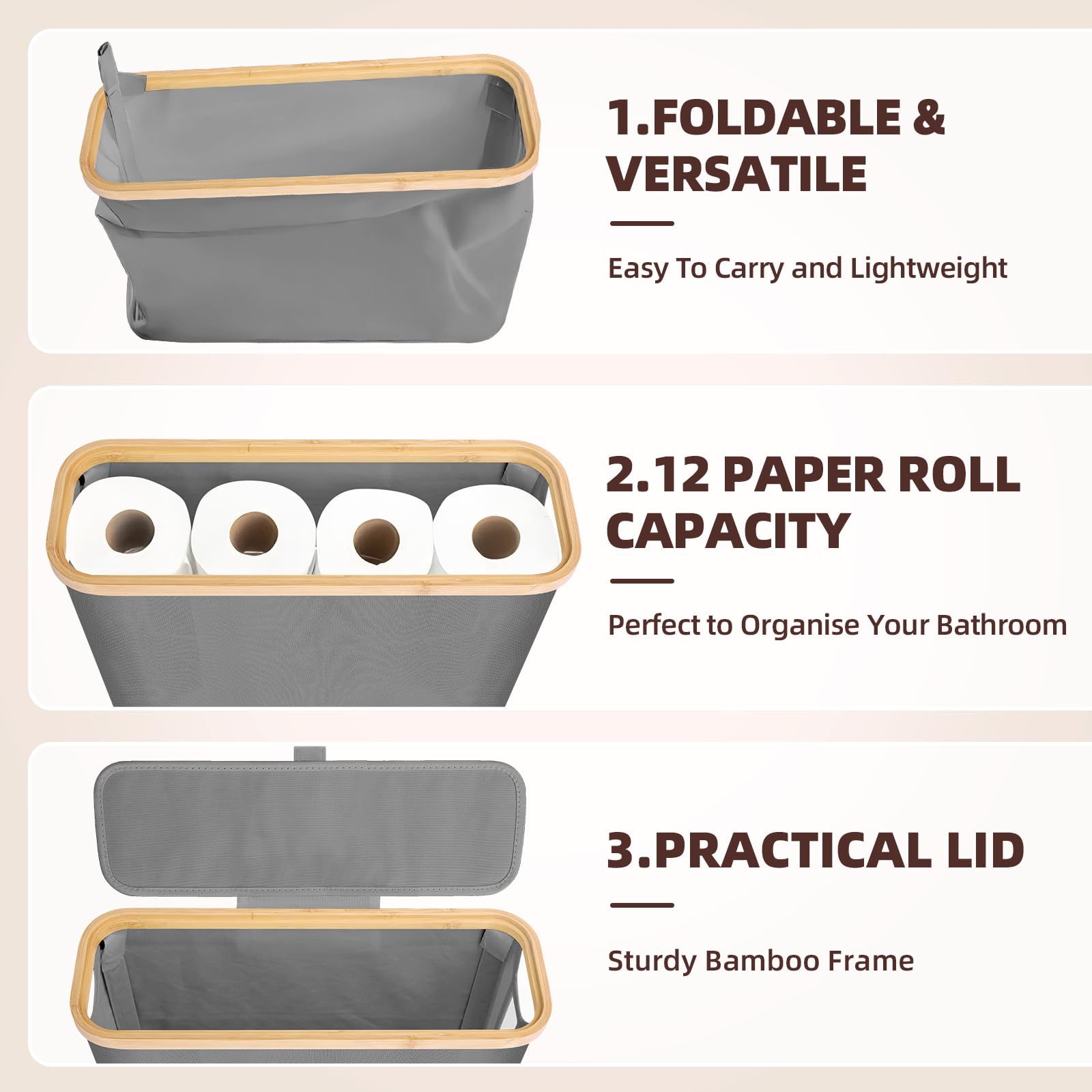 Foldable Toilet Paper Storage Basket with Lid and Handle for 12 Rolls, Waterproof Free Standing Toilet Paper Holder Stand, Bathroom Organizer Cabinet Container, Toilet Tissue Storage Bin for RV Closet
