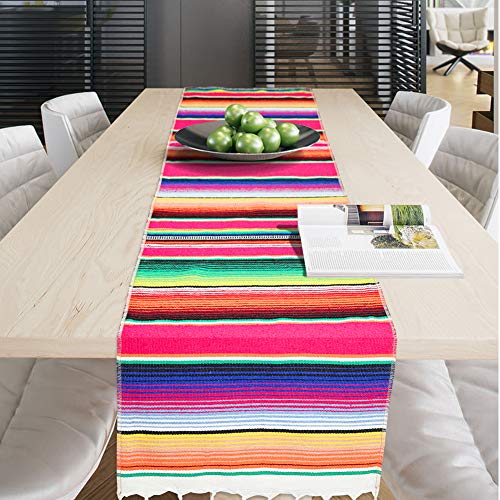 CRJHNS Table Runner Mexican Handwoven Cotton Serape for Party Wedding and Home Decorations,14x84 Inch (1, 14x84/Rose Red)