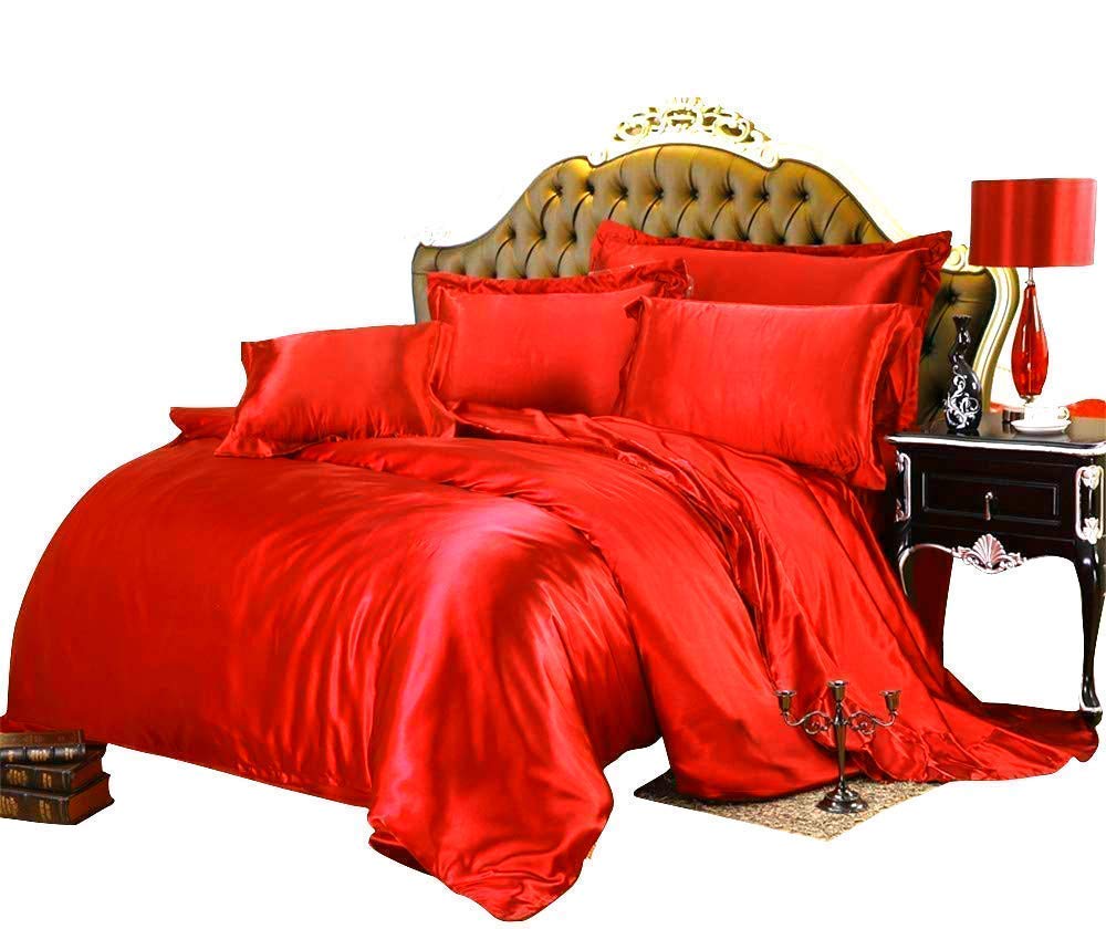 Bed Linen Bedding Sheet Set with Duvet Set | 100% Pure Silk Satin Sheet Set 7pcs Silk Fittef Sheet 15'' Deep Pocket, Silk Flat Sheet, Silk Duvet Cover & Pillowcases Set(King Red)
