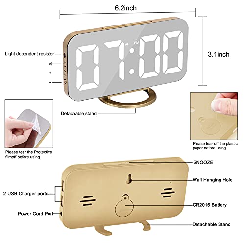 Digital Alarm Clock,6" Large LED Display with Dual USB Charger Ports | Auto Dimmer Mode | Easy Snooze Function, Modern Mirror Desk Wall Clock for Bedroom Home Office for All People (Gold)