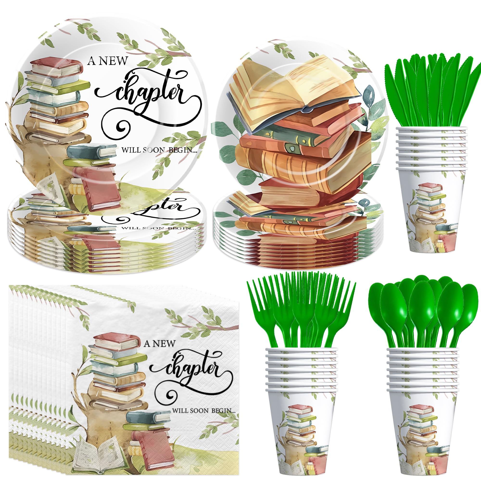 APOWBLS Storybook Baby Shower Decorations Supplies - A New Chapter Will Soon Begin Book Theme Party Decorations, Plate, Cup, Napkin, Cutlery, Library Reading Book Club Decorations Tableware | Serve 24