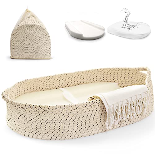 J&JOO Baby Changing Basket - Raised Side Foam Pad with Wipeable Waterproof Pad Cover, Built-in Security Strap, Handmade, Moses Basket Changing Table Topper Changing Pad