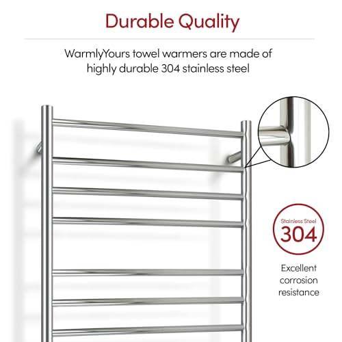 WarmlyYours Polished Radiant Electric Heated Towel Warmer, 11 Bar, Hardwired, Overheat Protection, Integrated On/Off Switch, Stainless Steel