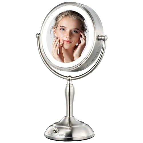 MIRRORMORE 7.5” Lighted Makeup Mirror with 3 Color LED Dimmable Lighting, 1X/10X Magnifying Mirror with Light, Free Swivel Vanity Mirror, Senior Pearl Nickel Travel Mirror, Dual Power Supply
