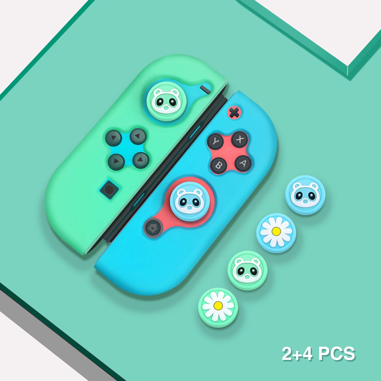 6amLifestyle 4 Pack Thumb Grip Caps with 2 Pack JoyCon Silicone Cover for Nintendo Switch, Blue& Green Joy-Con Controller Gel Guards with Raccoon Flower Cute Joystick Caps