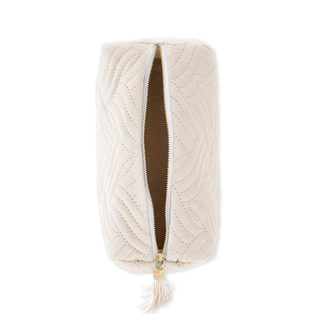WEDDINGSTAR Small Personalized Velvet Quilted Makeup Bag For Women - Ivory Beige