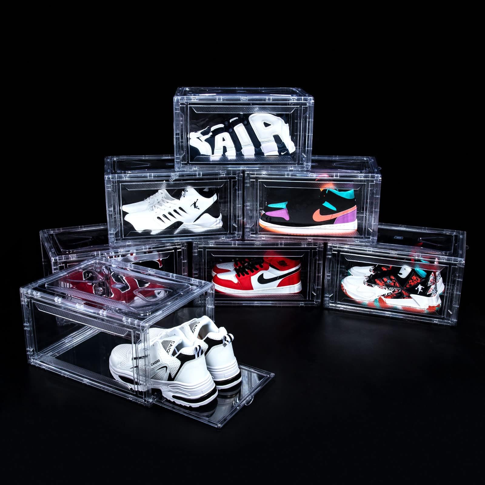AOHMPT Upgraded 12 Pack Shoe Box,Acrylic Clear Shoe Boxes,Drop Front Shoe Storage Box,Clear Plastic Stackable Sneaker Box,Shoe Containers,Shoe Display Case,Sneaker Storage,Fits Up to Size 15