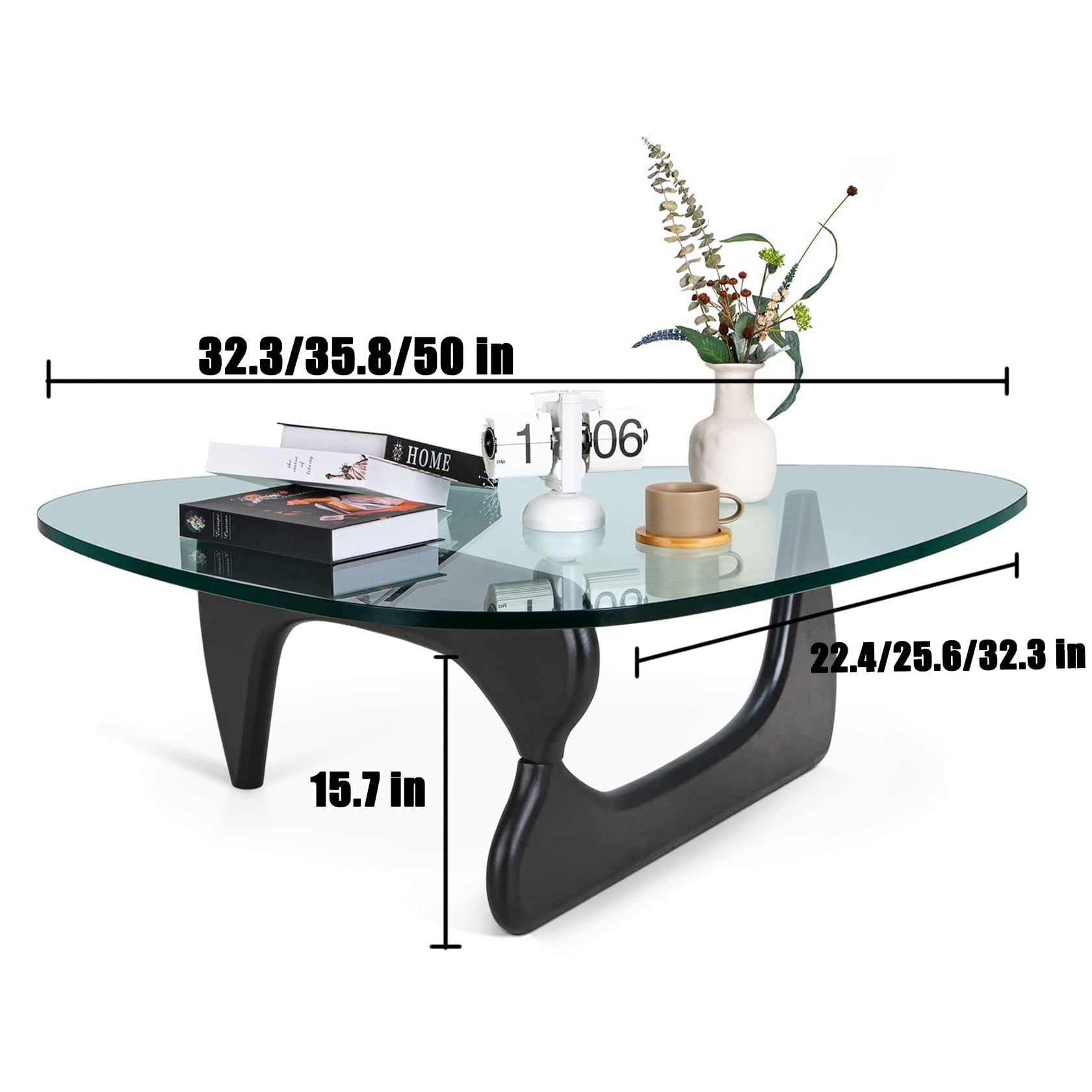 Triangle Coffee Table in Walnut Mid Century Modern Solid Wood Base and Triangle Clear Glass Coffee Table for Living Room Low Minimalist Tea Table Coffee Tables (36 * 25.6 * 16, Black Transparent)