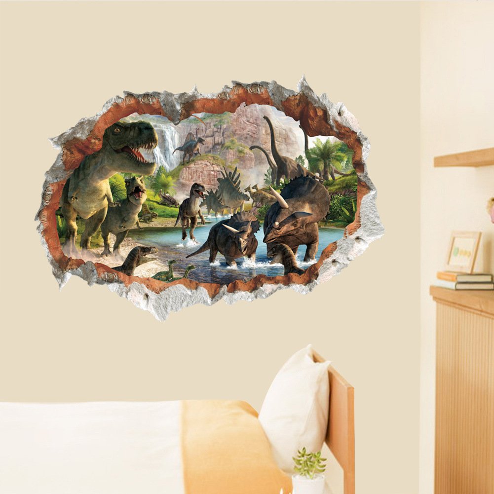 MLM 3D Dinosaurs Simulation Crack Hole Stickers Self-Adhesive Peel and Stick Wall Decal Mural Living Room Bedroom Kids' Room Nursery Decor Playroom Decor