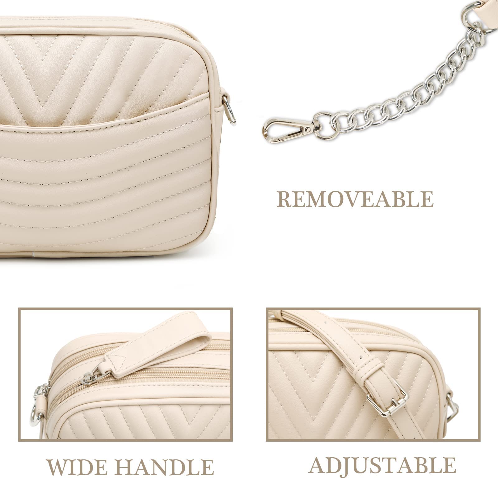 Crossbody Bags For Women, Small Quilted Purses Lightweight Camera Bag Stylish Double Zipper Shoulder Purse And Handbags Beige