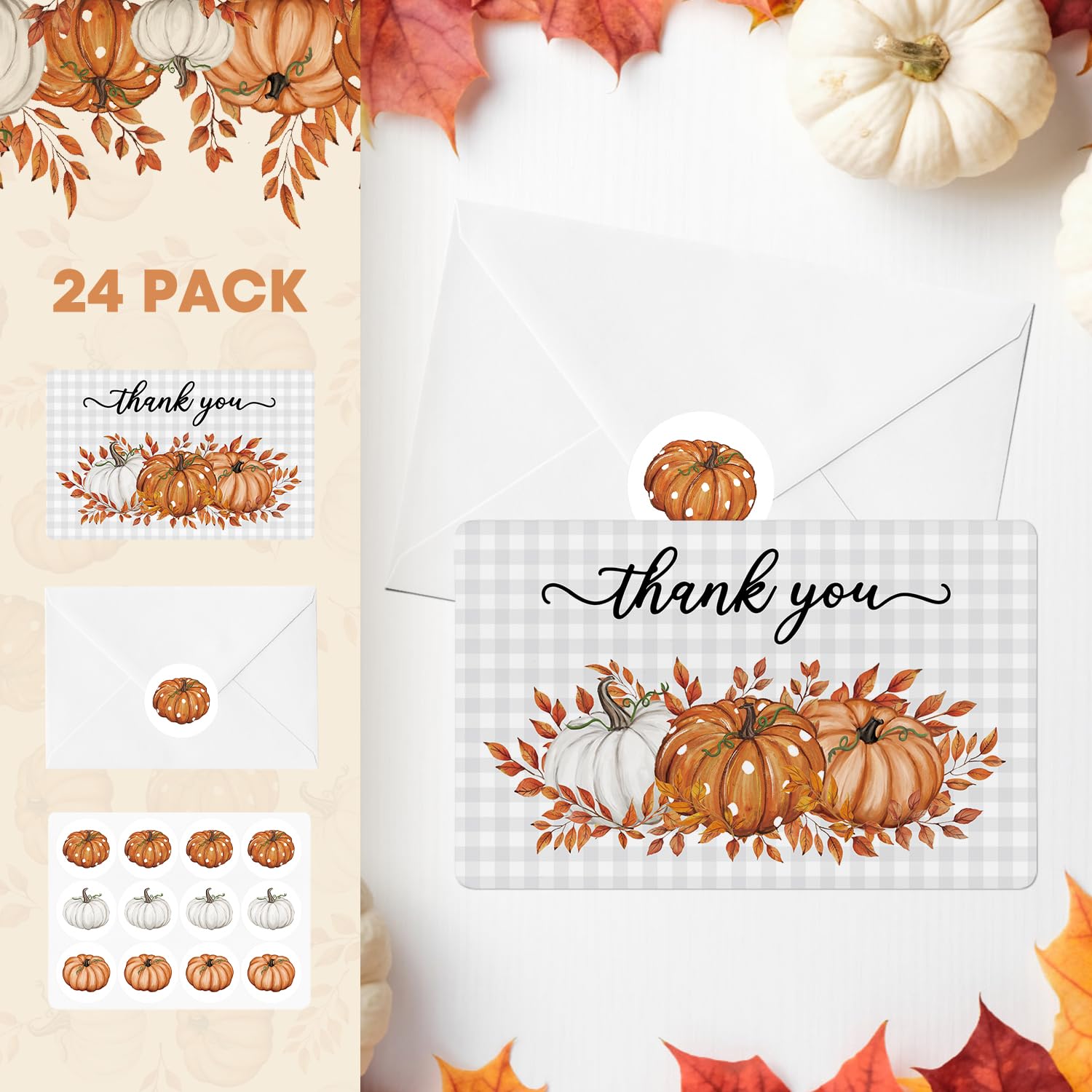 Artoid Mode 24 Pack Pumpkin Leaves Thank You Cards Fall Greeting Cards Gift With Envelope Sticker Blank Note Cards for Birthday Wedding Baby Shower Bridal Shower, 4 x 6 Inch