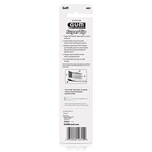 GUM Super Tip Toothbrush, Soft Bristle Toothbrush for Adults with Tongue Cleaner, Compact Head, 2ct