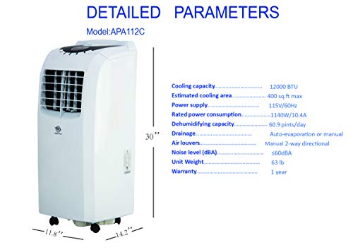 AireMax Portable Air Conditioner with Remote Control | AC for Rooms up to 400 Sq.Ft. | 24H Timer | Auto Restart | Wheels | LED Display | Dehumidifer | White | APA112C