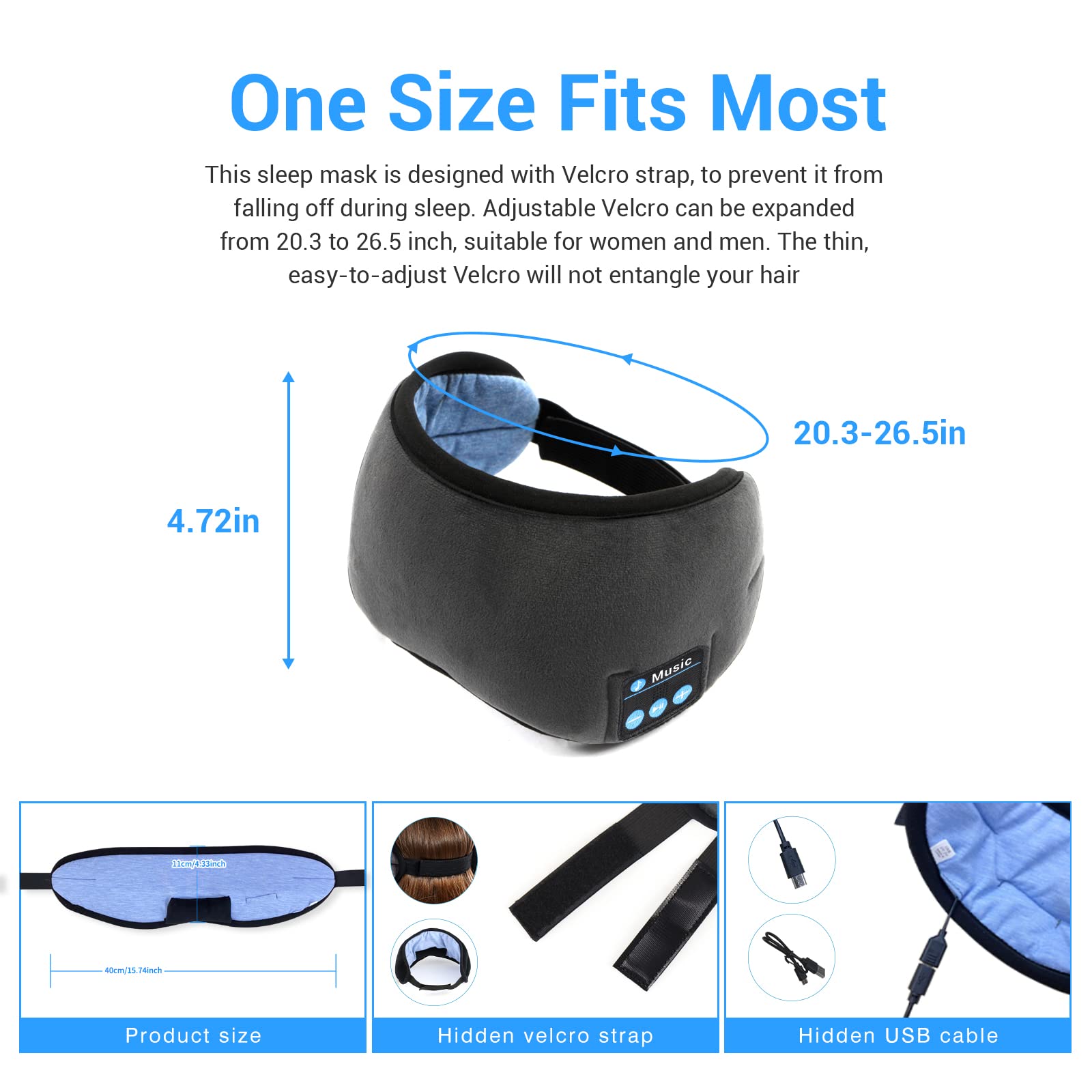 Bluetooth Sleep Eye Mask with Wireless Headphones Washable Sleep Headphones, Eye Cover Perfect for Side Sleeper, Yoga, Meditation, Insomnia, Best Gift and Travel Essentials (Grey)