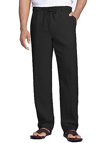 COOFANDY Men Casual Linen Pants Beach Summer Lightweight Pants Elastic Waist Drawstring Loose Trousers (Black, L)