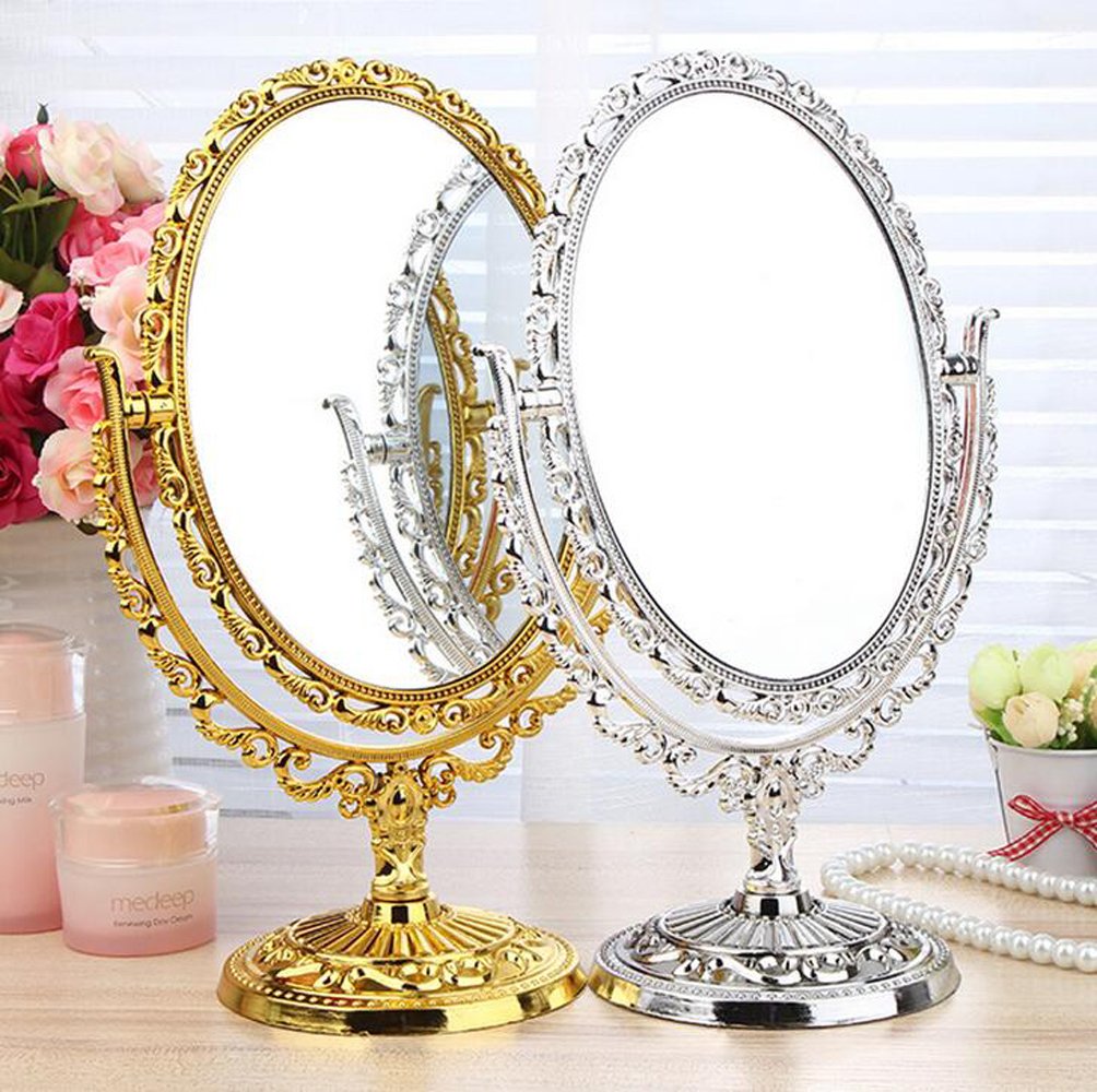 Guppy Desktop Antique Vintage European Style Two Sided Swivel Oval Tabletop Vanity Makeup Mirror with Embossed Hollow Flower Shiny Pedestal(Gold)